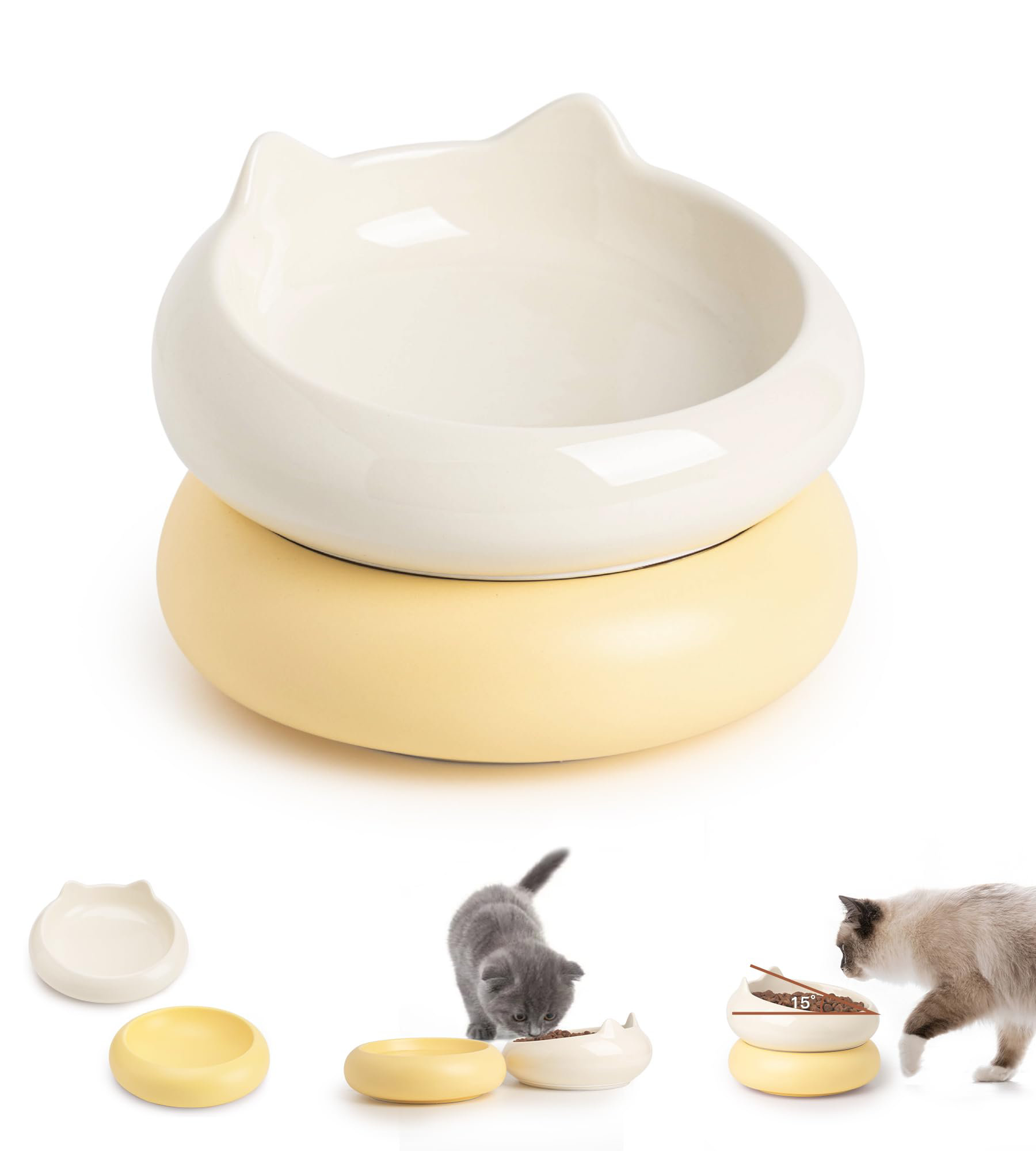 DILTU Whisker-friendly ceramic cat bowl set, spine-protecting design ...
