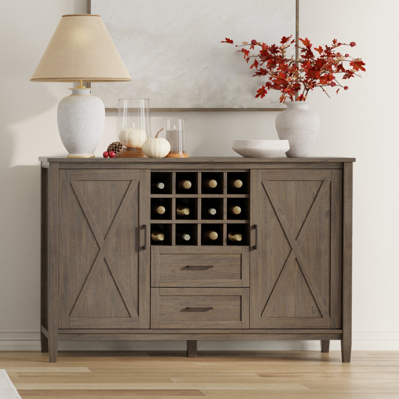 Simpli Home Ela 54"W Solid Wood 2-Door Sideboard Buffet with Wine Rack ...