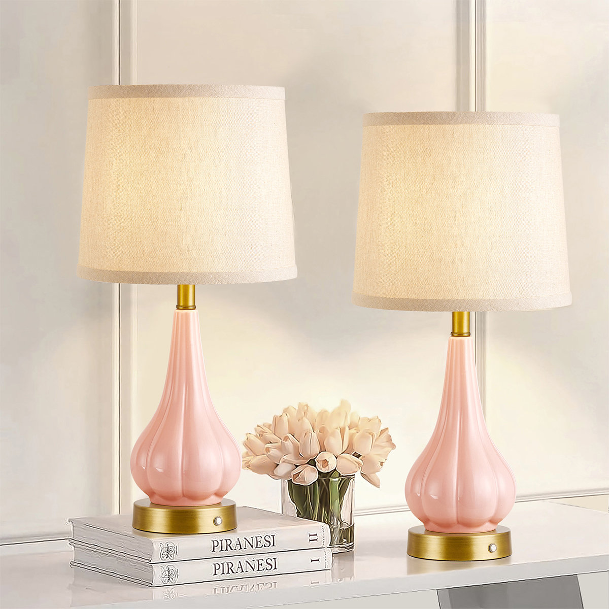 Everly Quinn 18” Pink Rechargeable Ceramic Lamp With Golden Base(Set Of ...