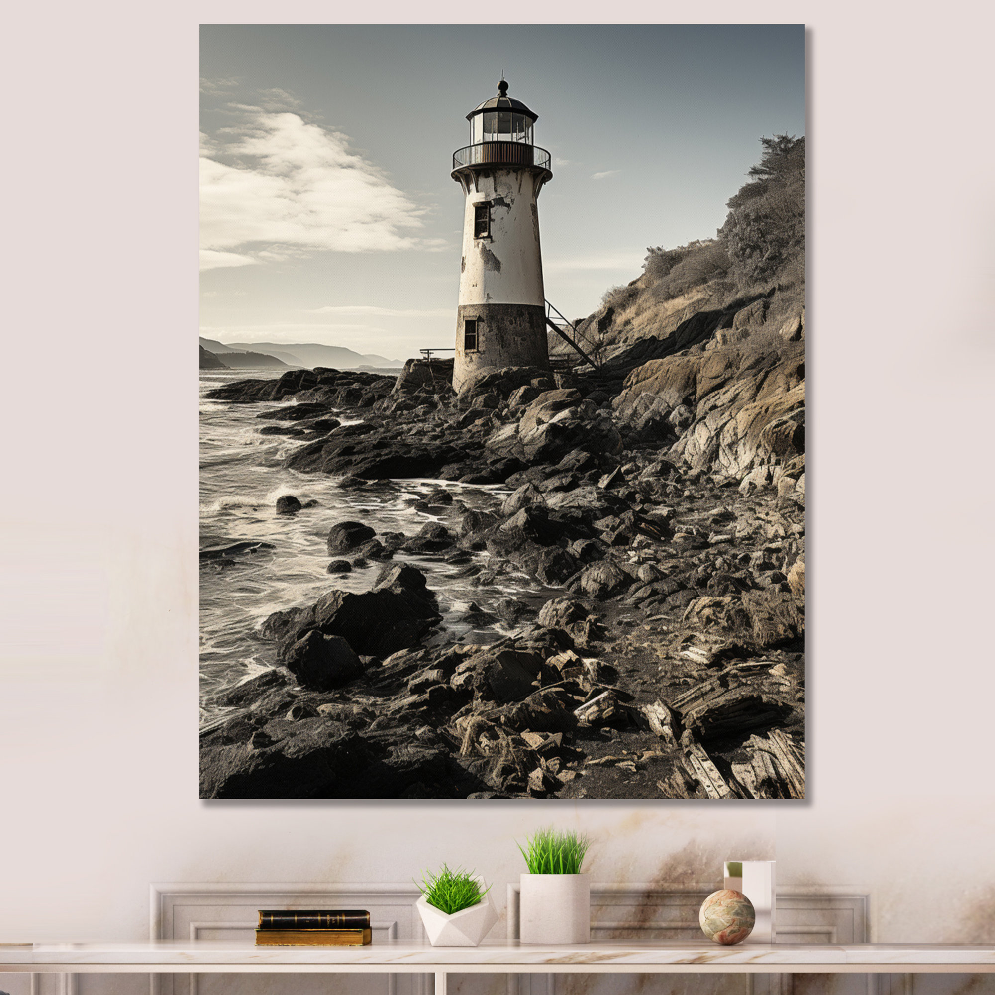 Breakwater Bay Monochrome Lighthouses By The Cliff Photo - Nautical ...