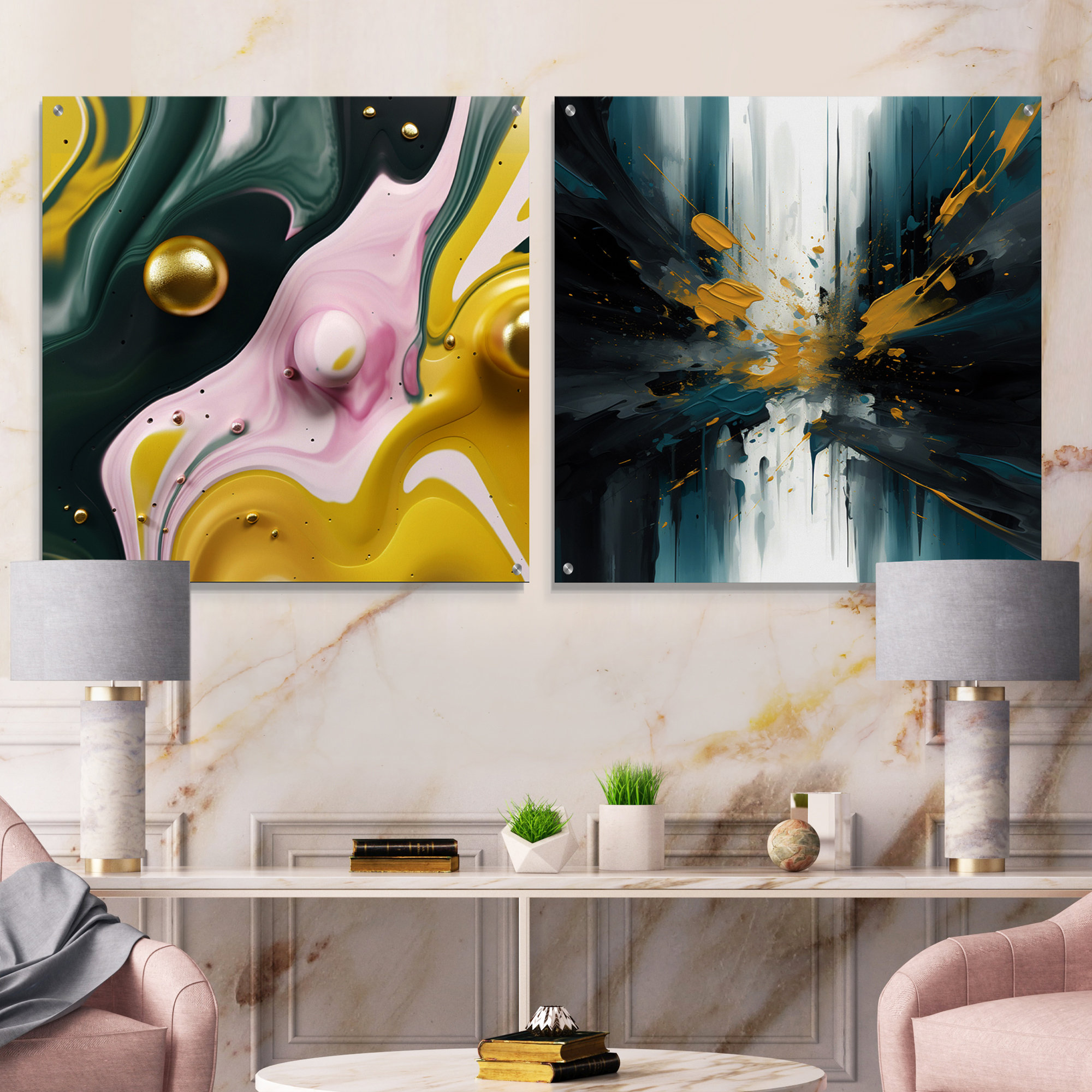 Ivy Bronx Yellow And Green Fluid Stone II - Abstract Marble Acrylic ...