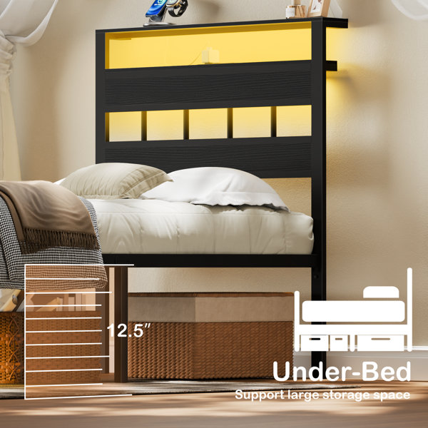 Wrought Studio™ Bed Frame with 2-Tier Shelves, Charging Station, LED ...