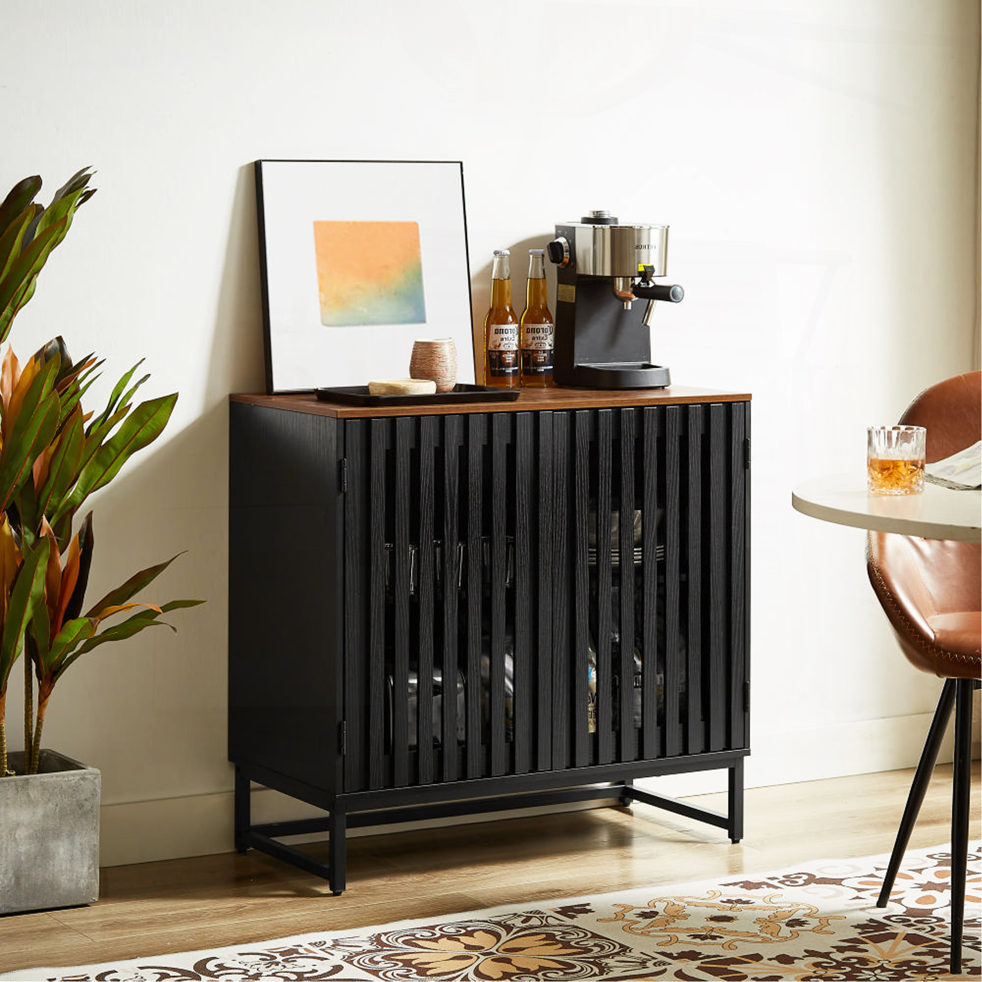 Ebern Designs Stylish Cabinet With Slatted Grille Striped Door For ...