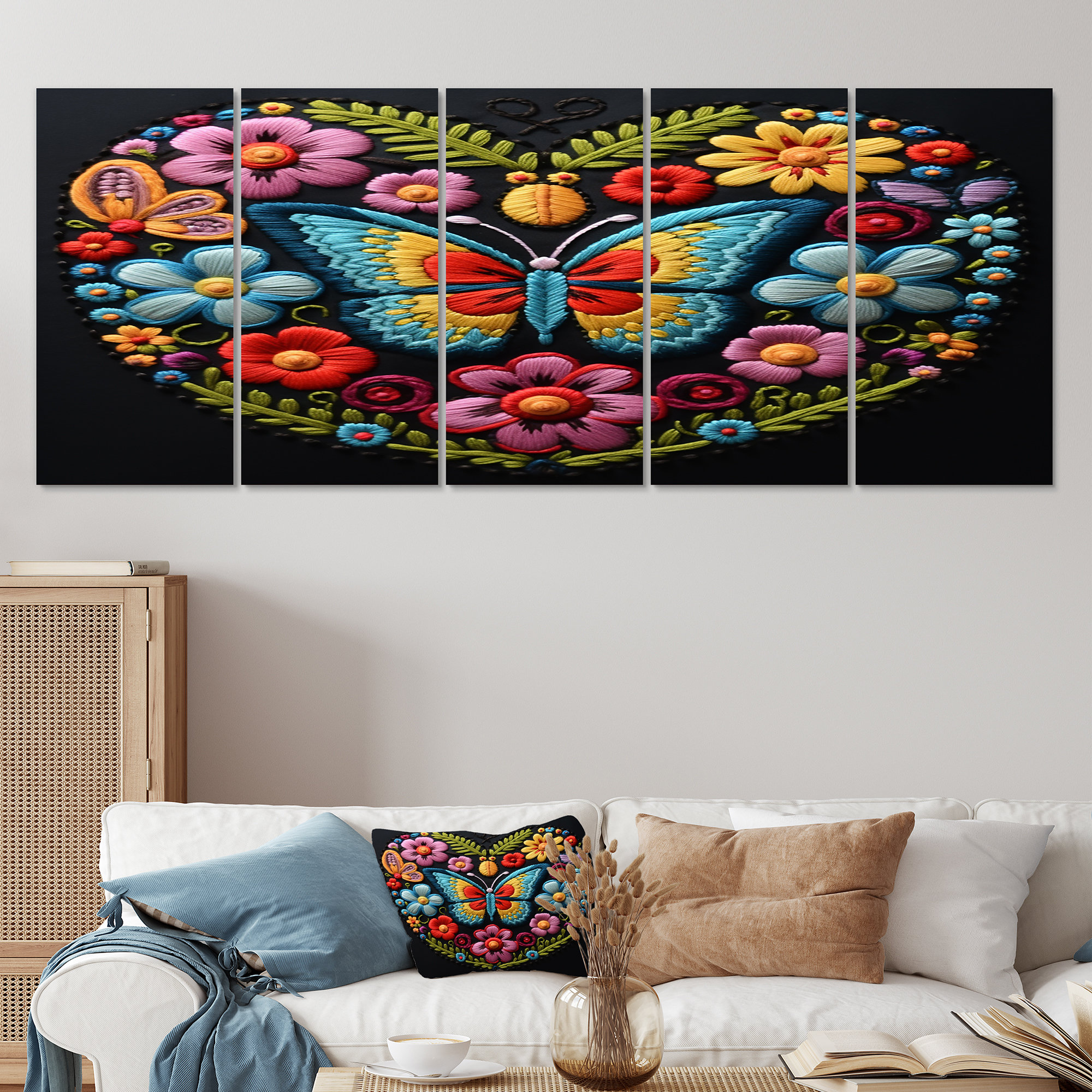 Design Art Floral Boho Papillon Embroidery - Butterfly Animal Wall Art ...