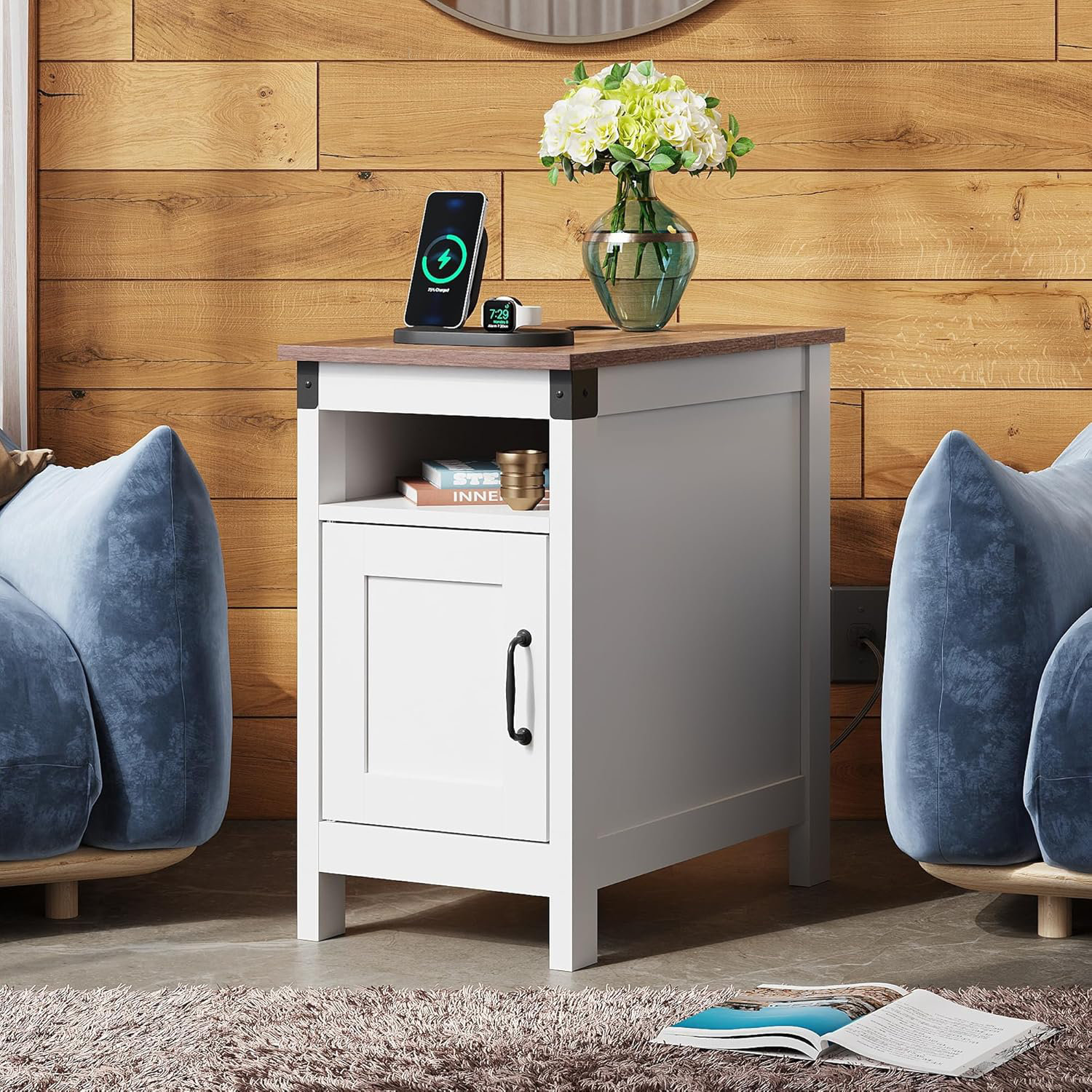 Millwood Pines Farmhouse Narrow Side End Table With Charging Station ...