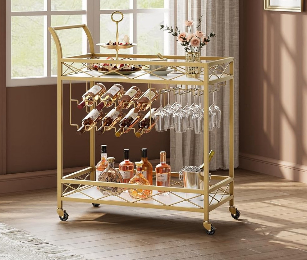 Everly Quinn Bar Cart Gold, 2 Tier Bar Carts, With Wheels | Wayfair