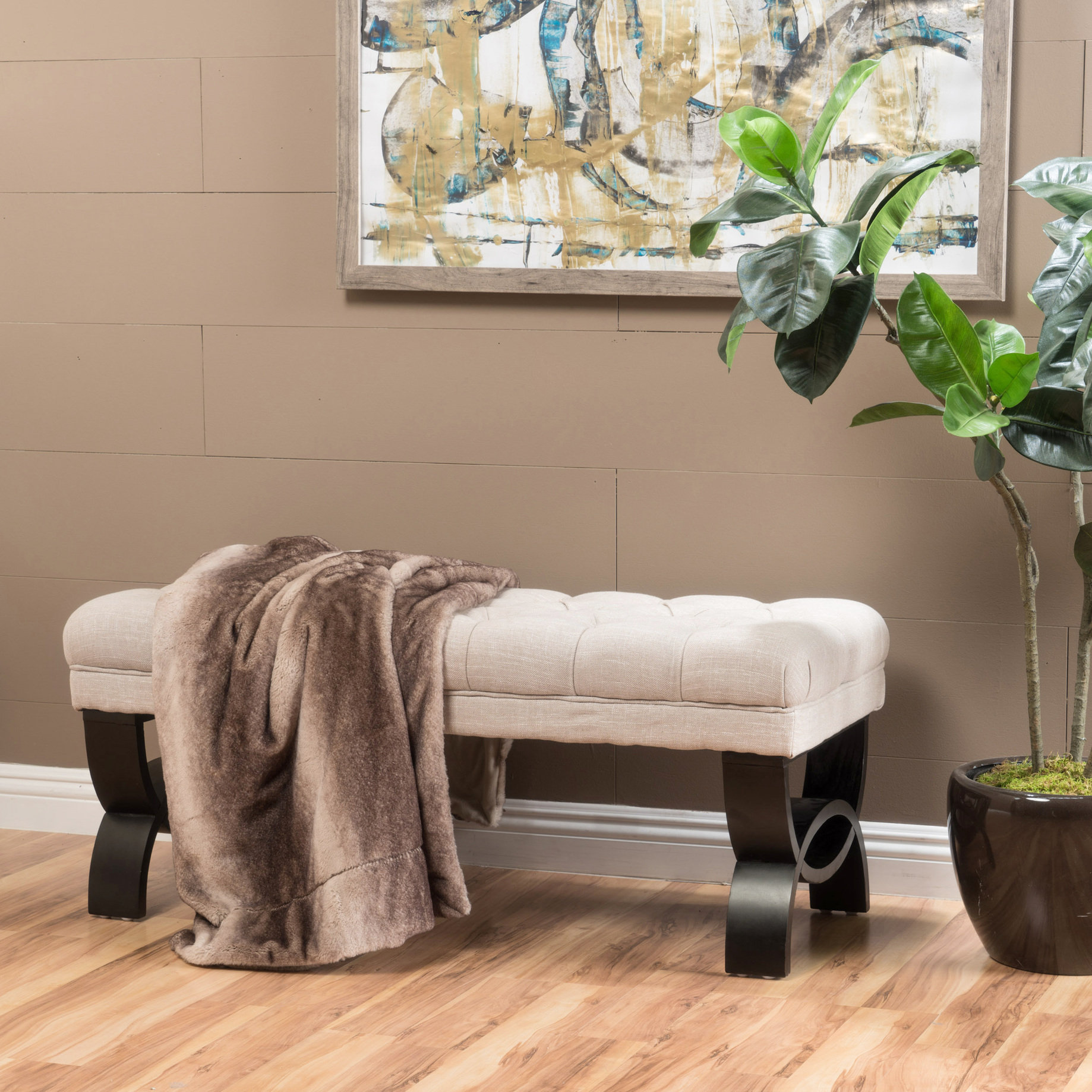Wildon Home® Beige Fabric Bench With Modern Button Tufting And Legs, 41 ...