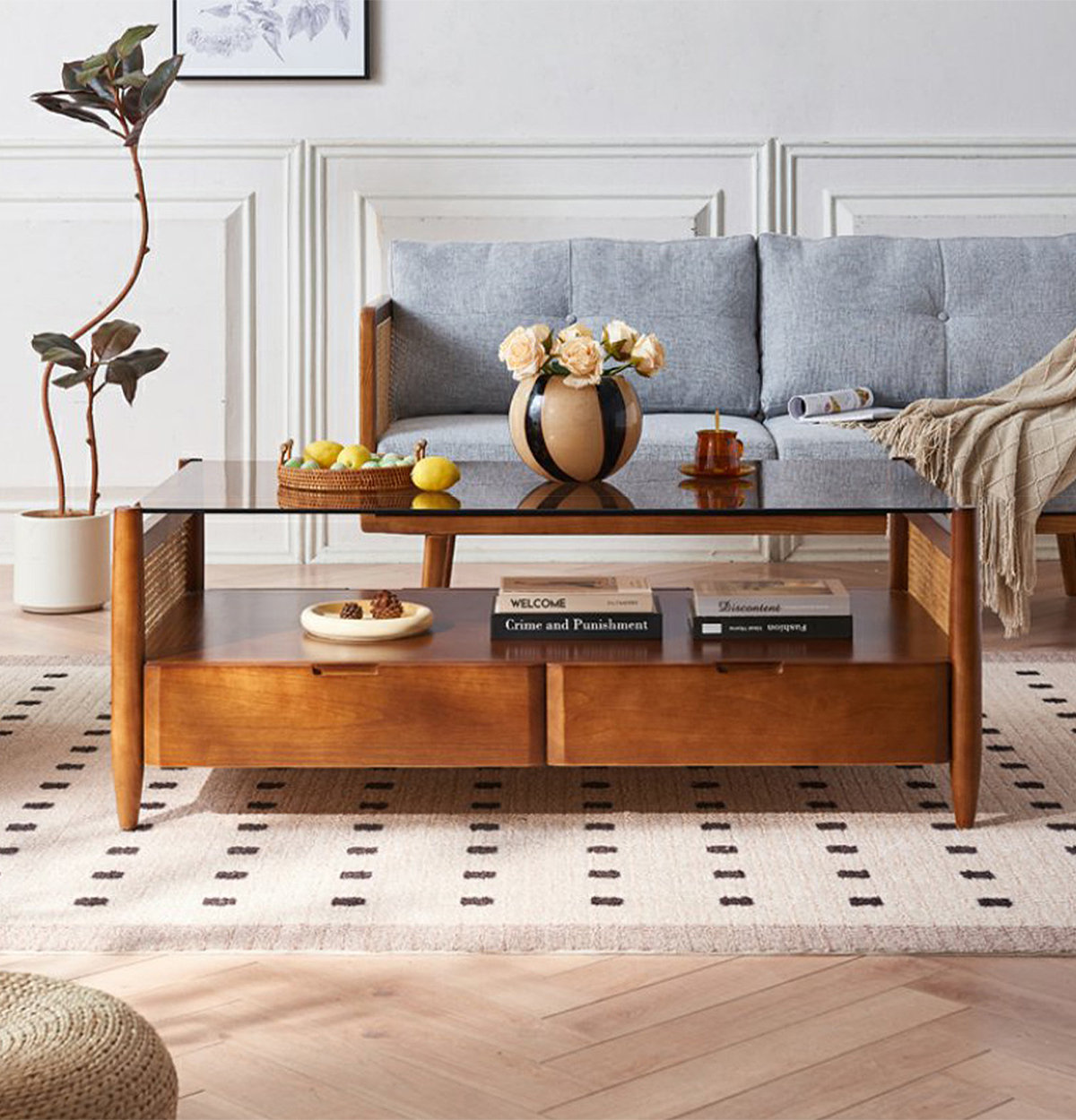 Finesse Furni Modern glass solid wood combination coffee table ...