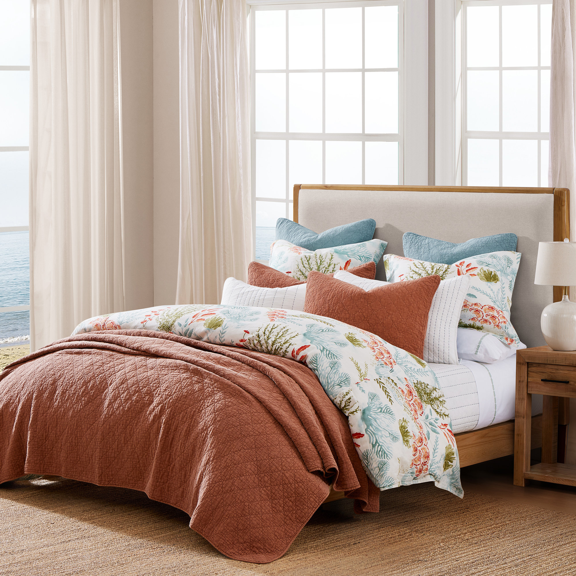 HiEnd Accents Oceania Coastal Coral Print Linen Blend Classic Chic ...