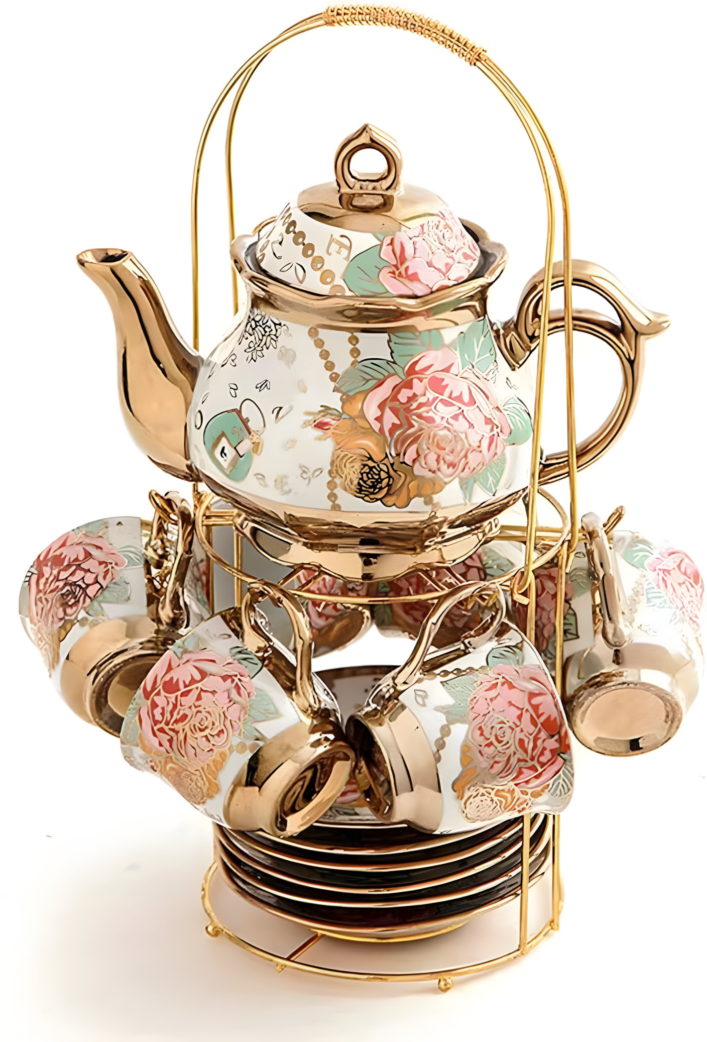 Rosdorf Park Vintage Gold Plated Rose Ceramic Tea Set With Teapot And ...