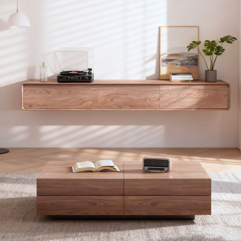 Union Rustic Walnut Effect Floating TV Unit, 200cm Wide with 3 ...