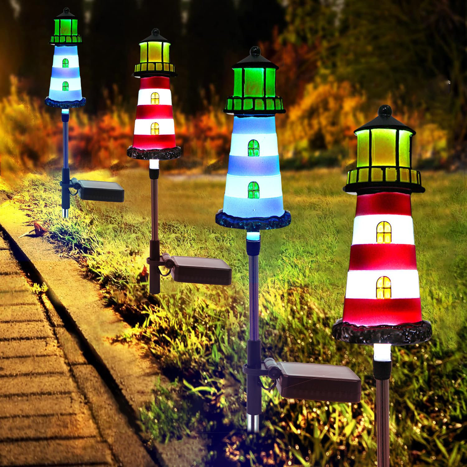 Jan Interiors 4 Pack Lighthouse Solar Lights, Outdoor Solar Lighthouse ...