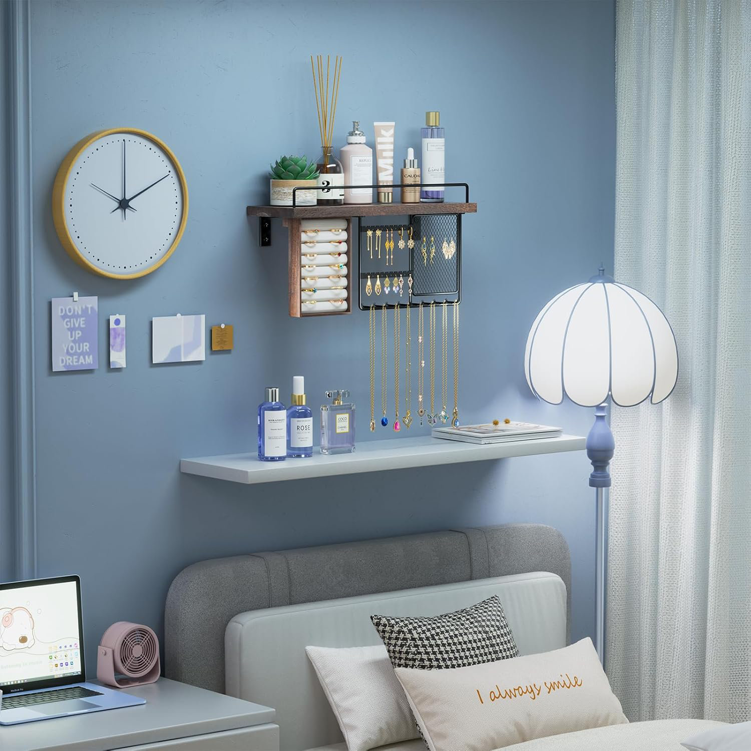 17 Stories Wall Mounted Hanging Jewelry Organizer With Wood Shelf, Wall ...