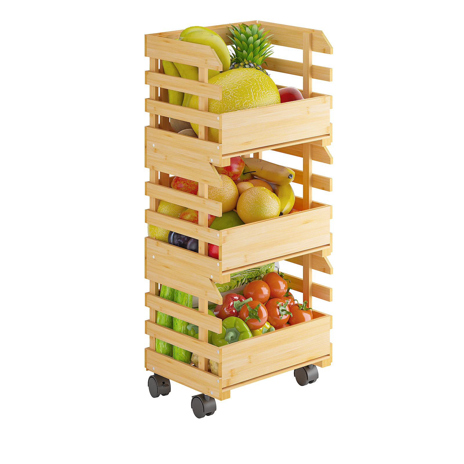 Latitude Run® Bamboo Fruit Basket Stand, Potato And Onion Storage Cart ...