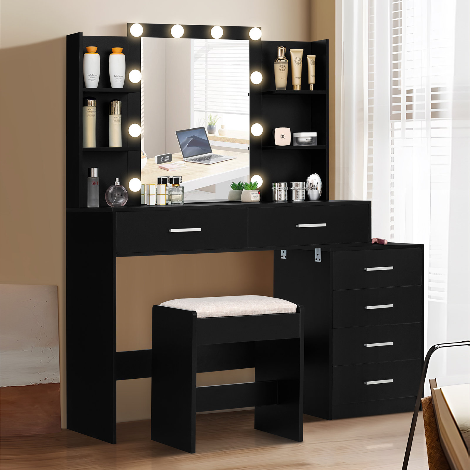 The Holiday Aisle® Large Vanity set with Mirror & 6 drawers for ...