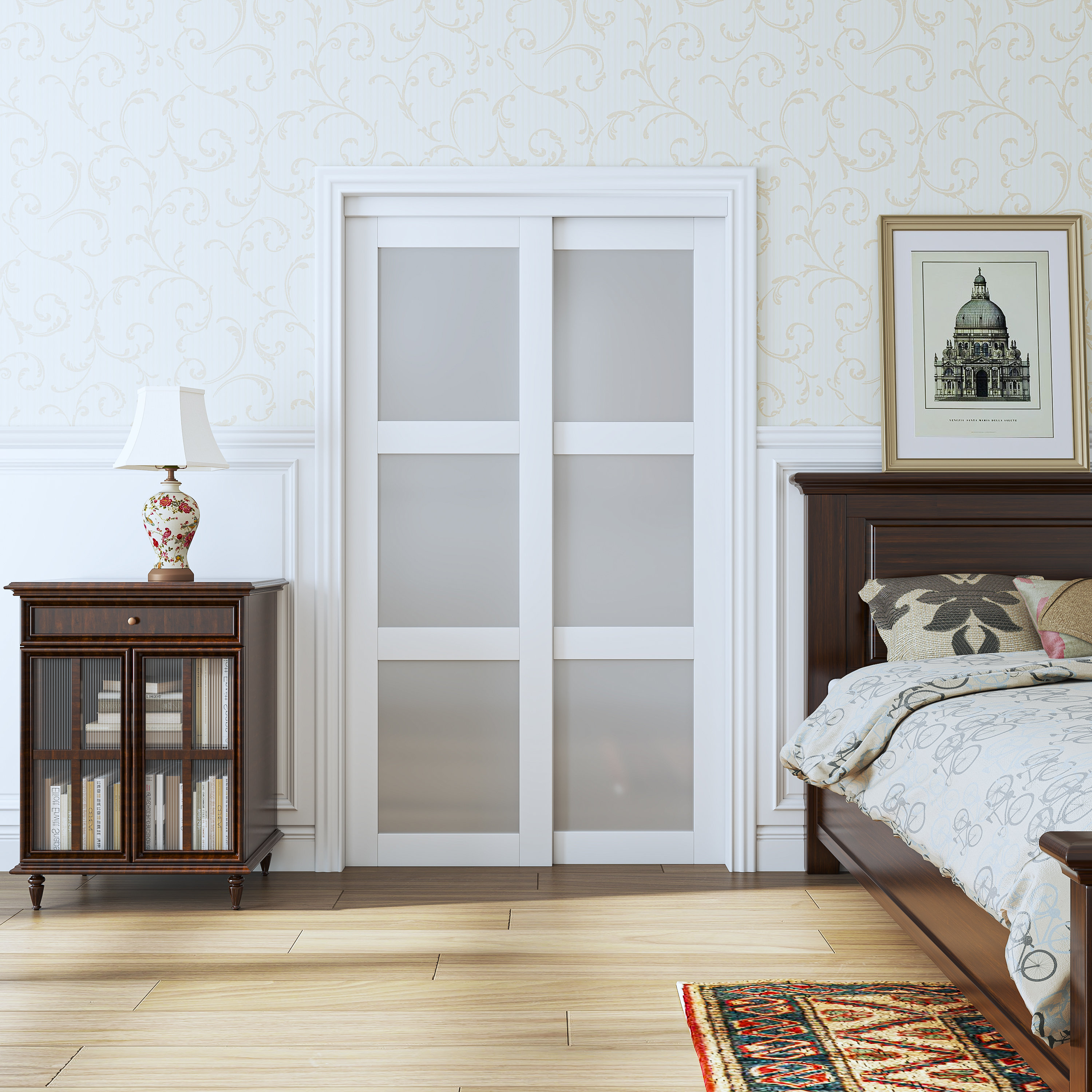 Home Worthy 3 Lite Tempered Frosted Glass White Closet Sliding Door ...