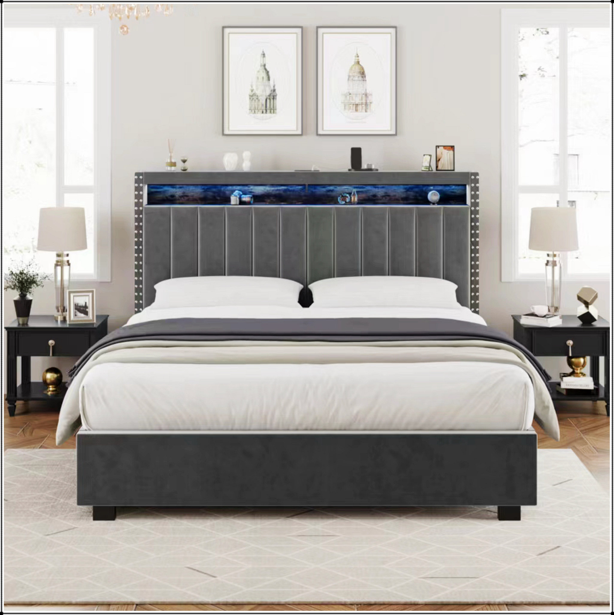 Latitude Run® Lift Storage Bed with RF LED Lights, Storage Headboard ...