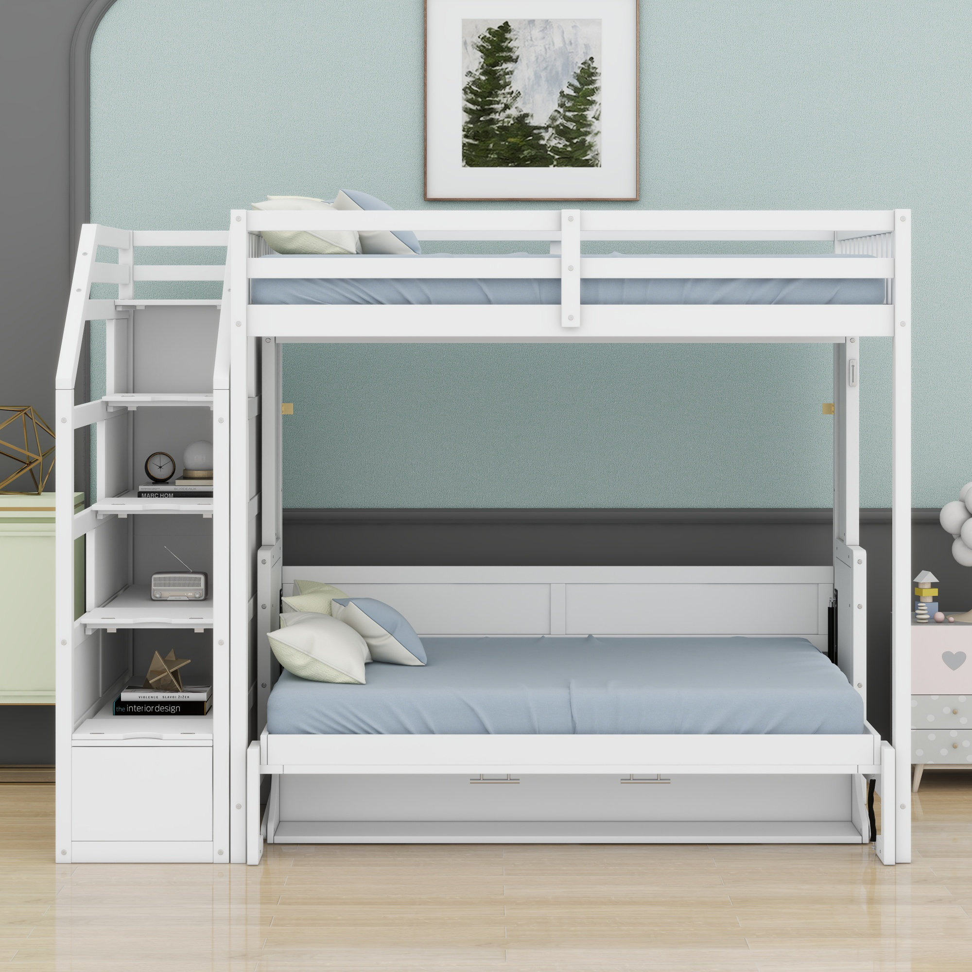 Harriet Bee Loft Bed With Storage Staircase And Murphy Bed, With LED ...