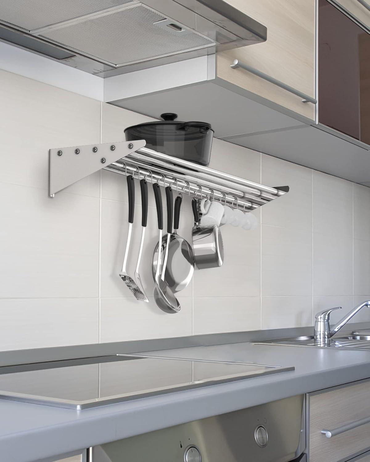 Prep & Savour Kitchen Pot Pan Rack Stainless Steel Metal Wall Shelf ...