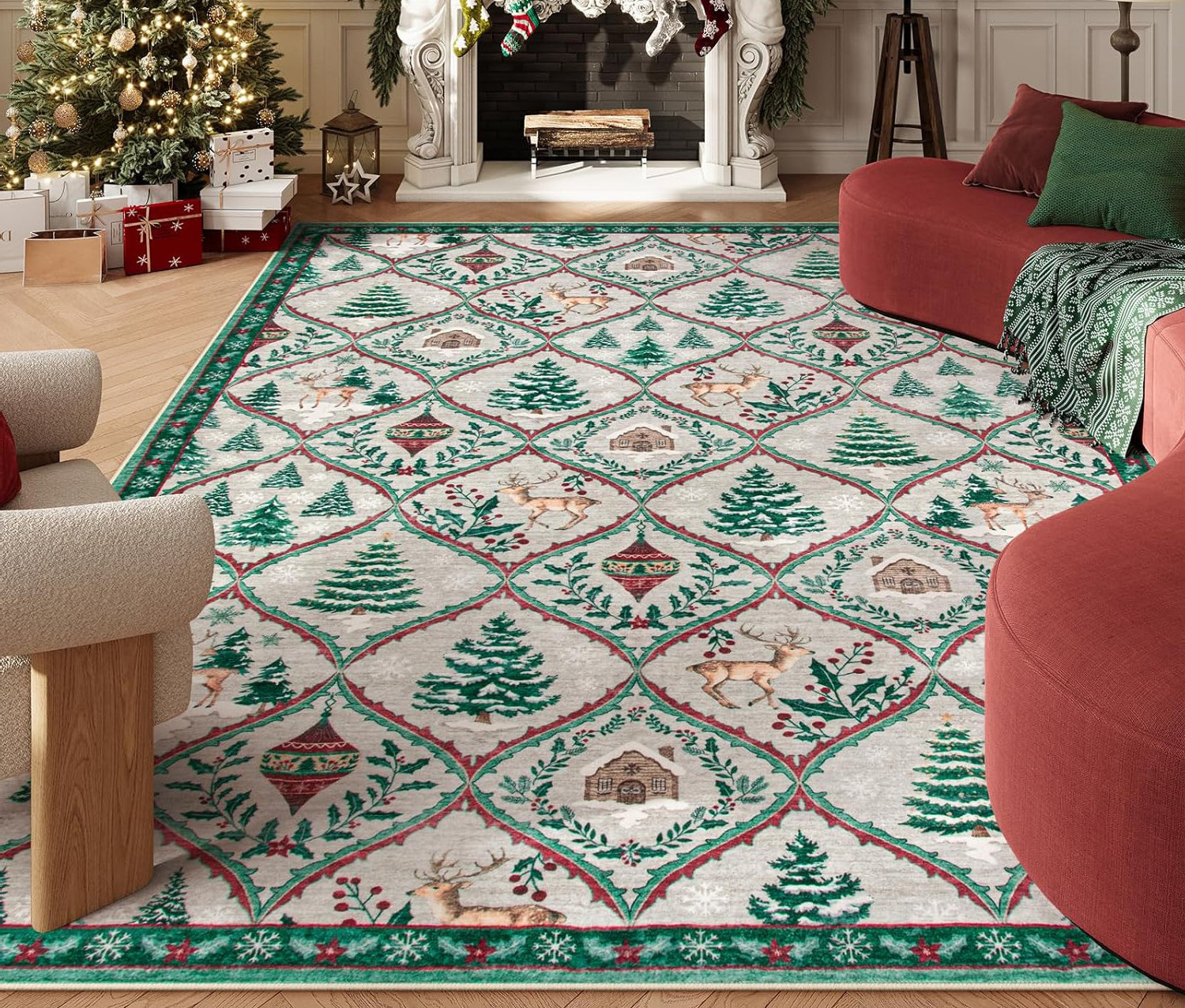 The Holiday Aisle® Beige and Green Christmas Area Rug Aesthetic Large ...