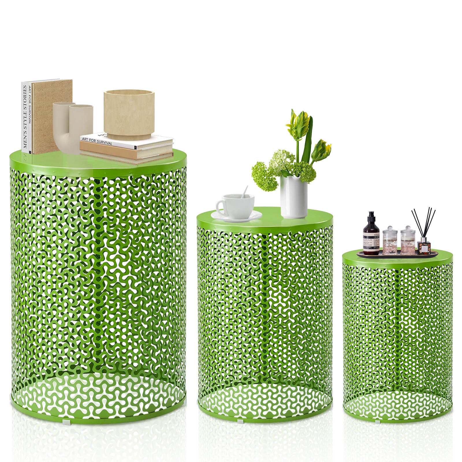 Ebern Designs Outdoor Green Round Metal Stackable Side Table(Set Of 3 ...