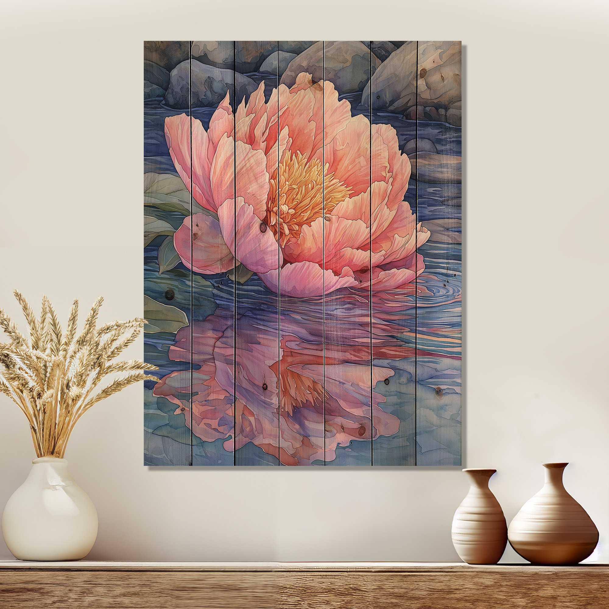 Ophelia & Co. Peonies And The Mountain River IV - Peonies Wood Wall Decor - On Natural Pine Wood ...