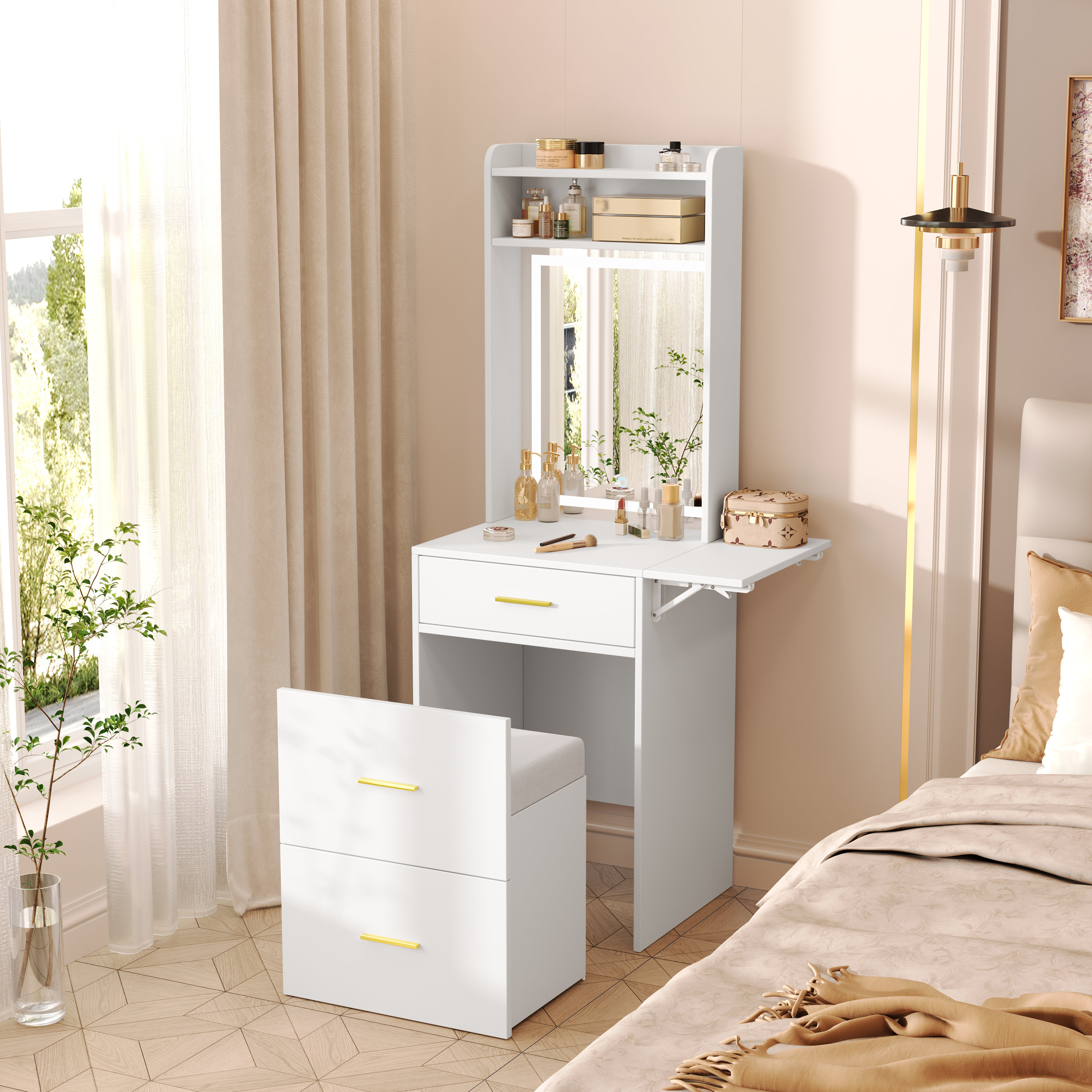 Latitude Run® Compact Vanity Desk with Mirror and Lighting Charging ...