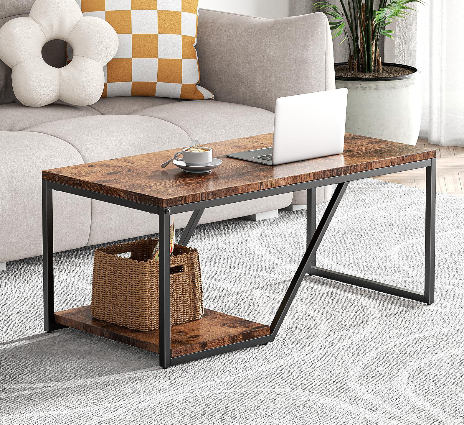 17 Stories 2-Tier Industrial Rectangle Rustic Coffee Table For Living ...