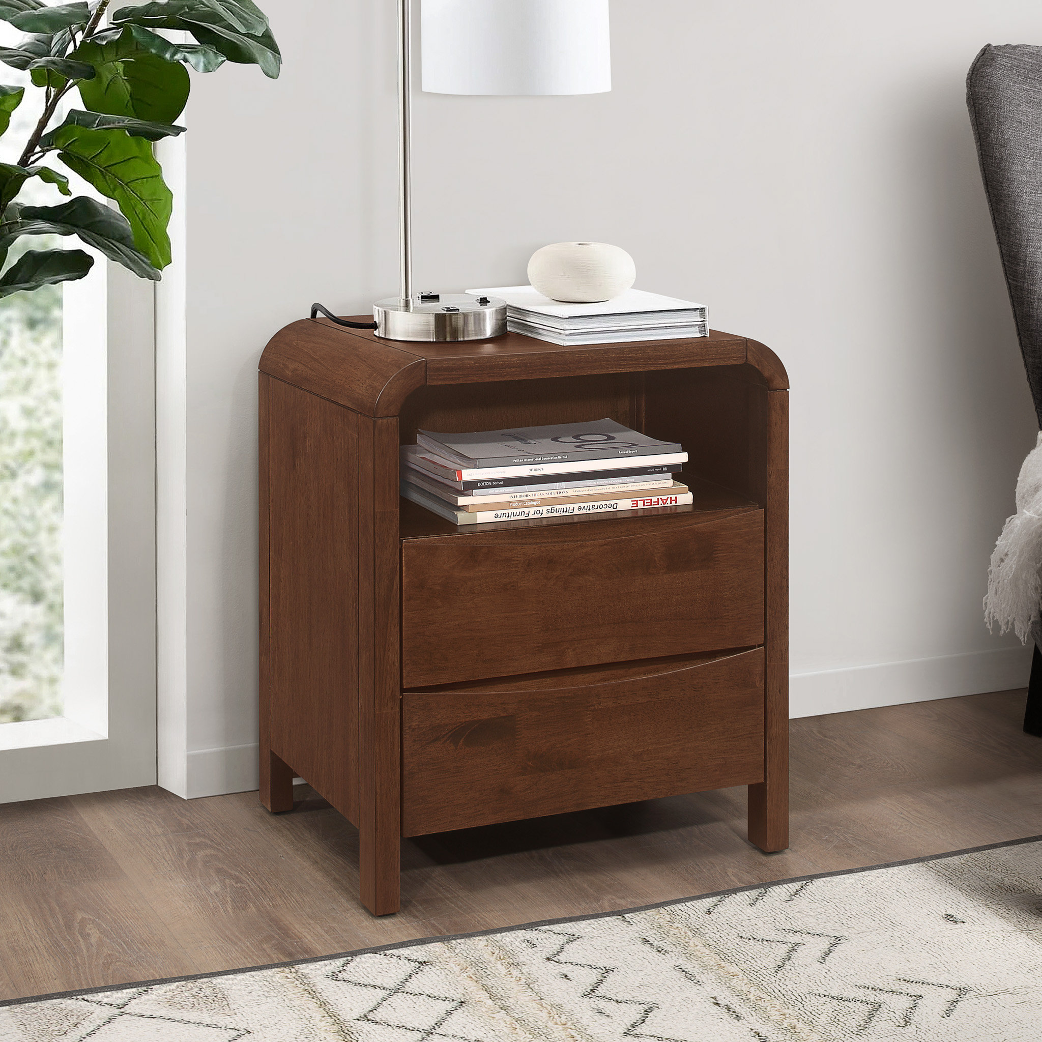 Wade Logan® Beah Mid Century Modern Walnut Nightstand with 2 Drawers ...
