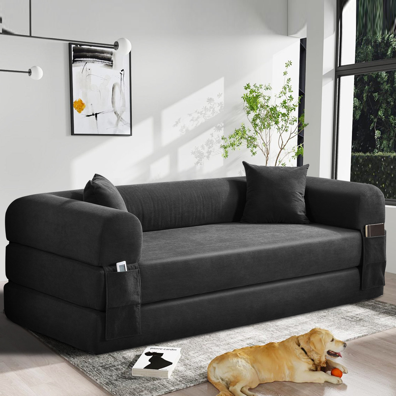 Ebern Designs 3-Seats Convertible Floor Sofa Bed with Storage Pocket ...