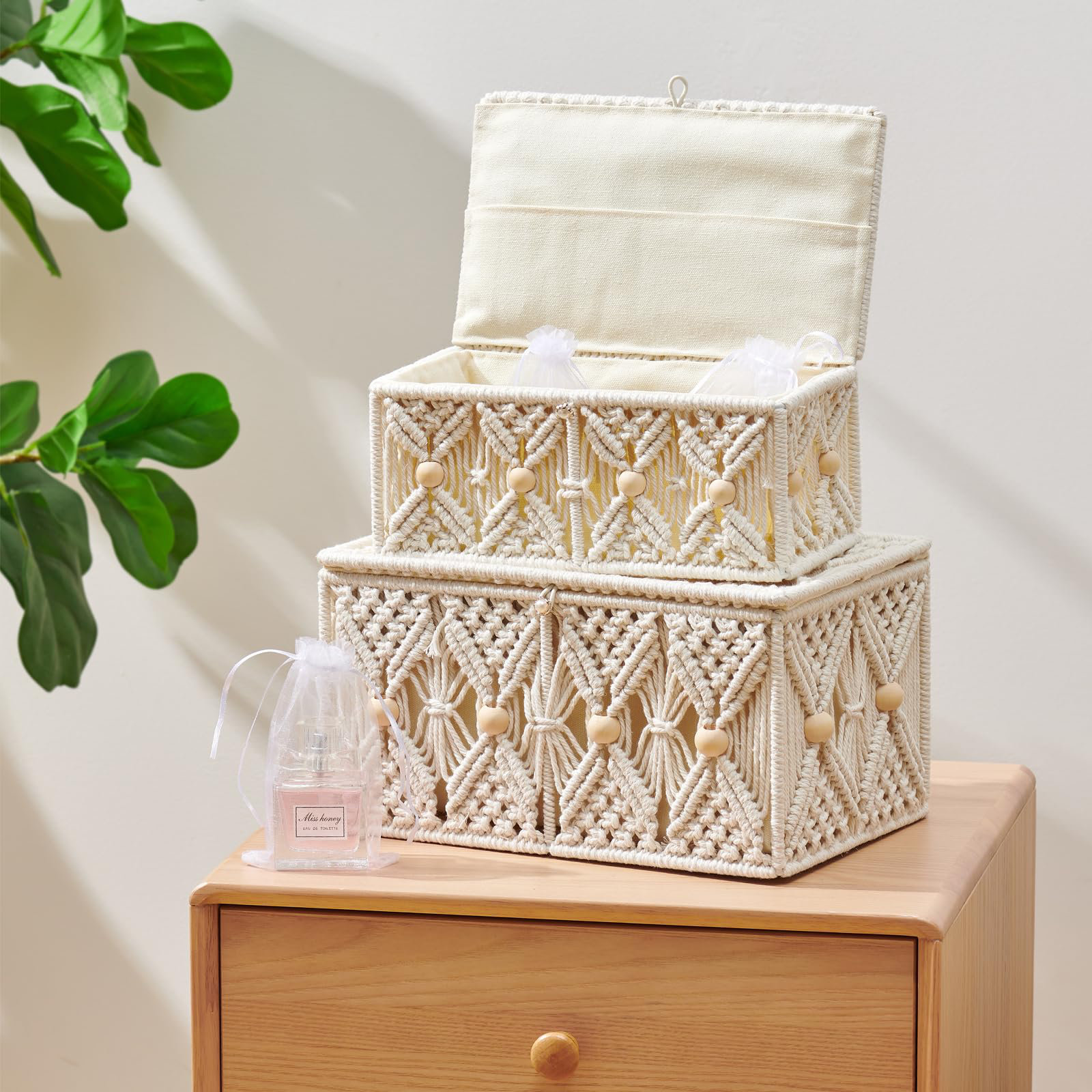 CONTIS Handwoven Cotton Macrame Storage Basket Set With Lid & Organza ...