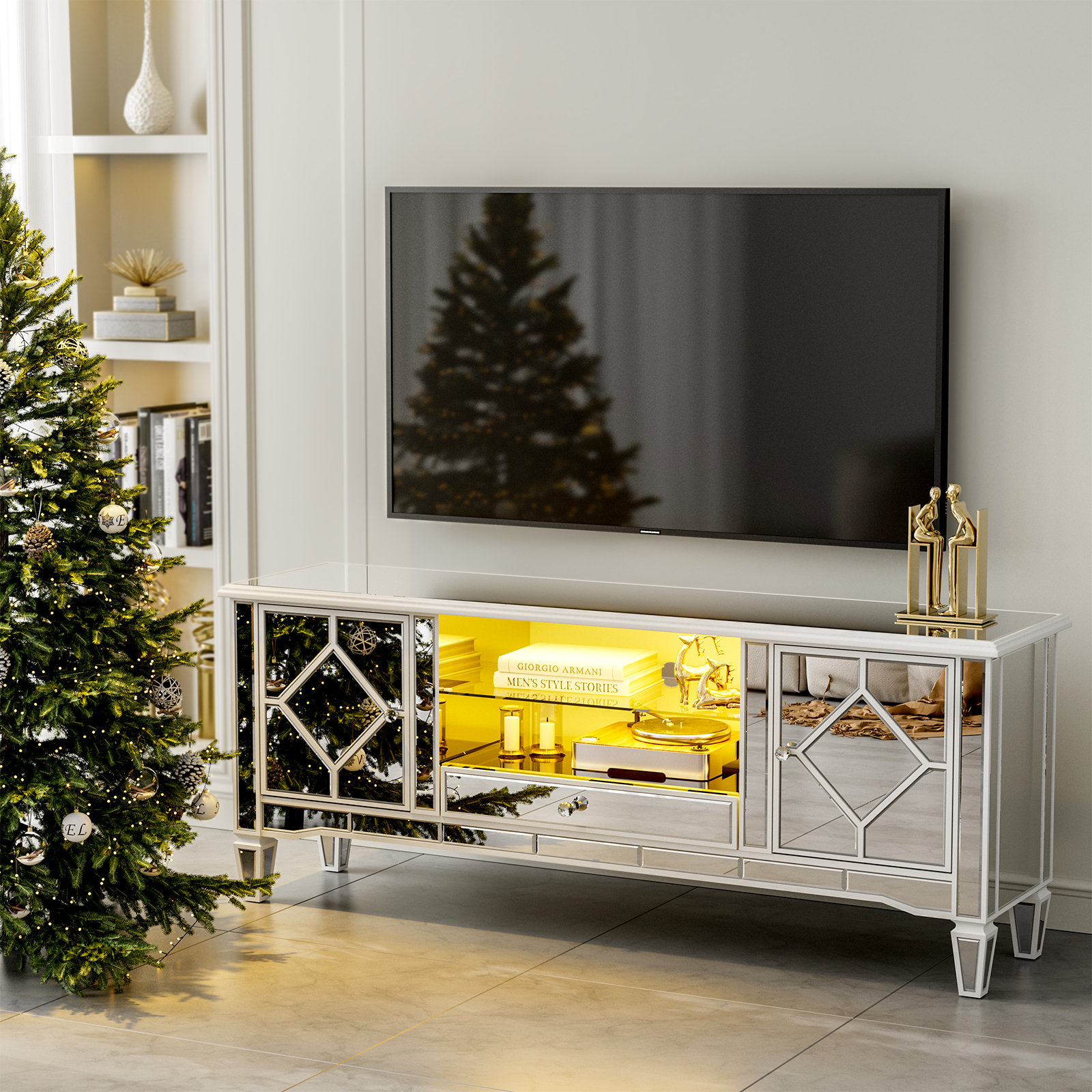 Mercer41 Merrissa Mirrored LED TV Stand for 65+ inch TV, Entertainment ...