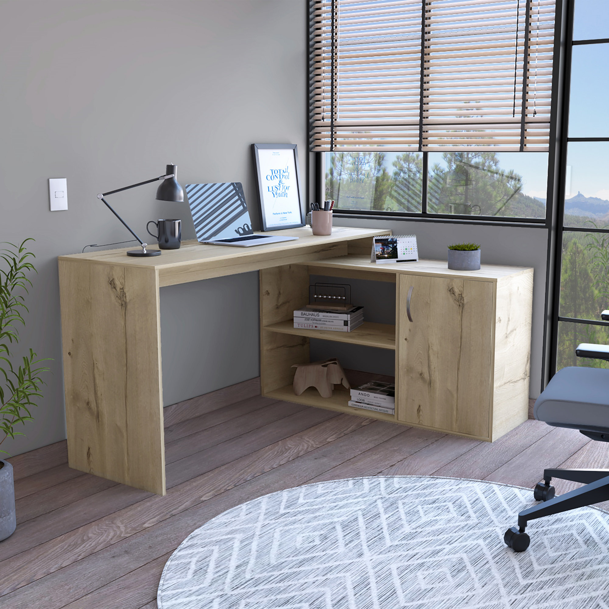 Loon Peak® L-Shaped Desk, Single Door Cabinet, Two Open Shelves, Two ...