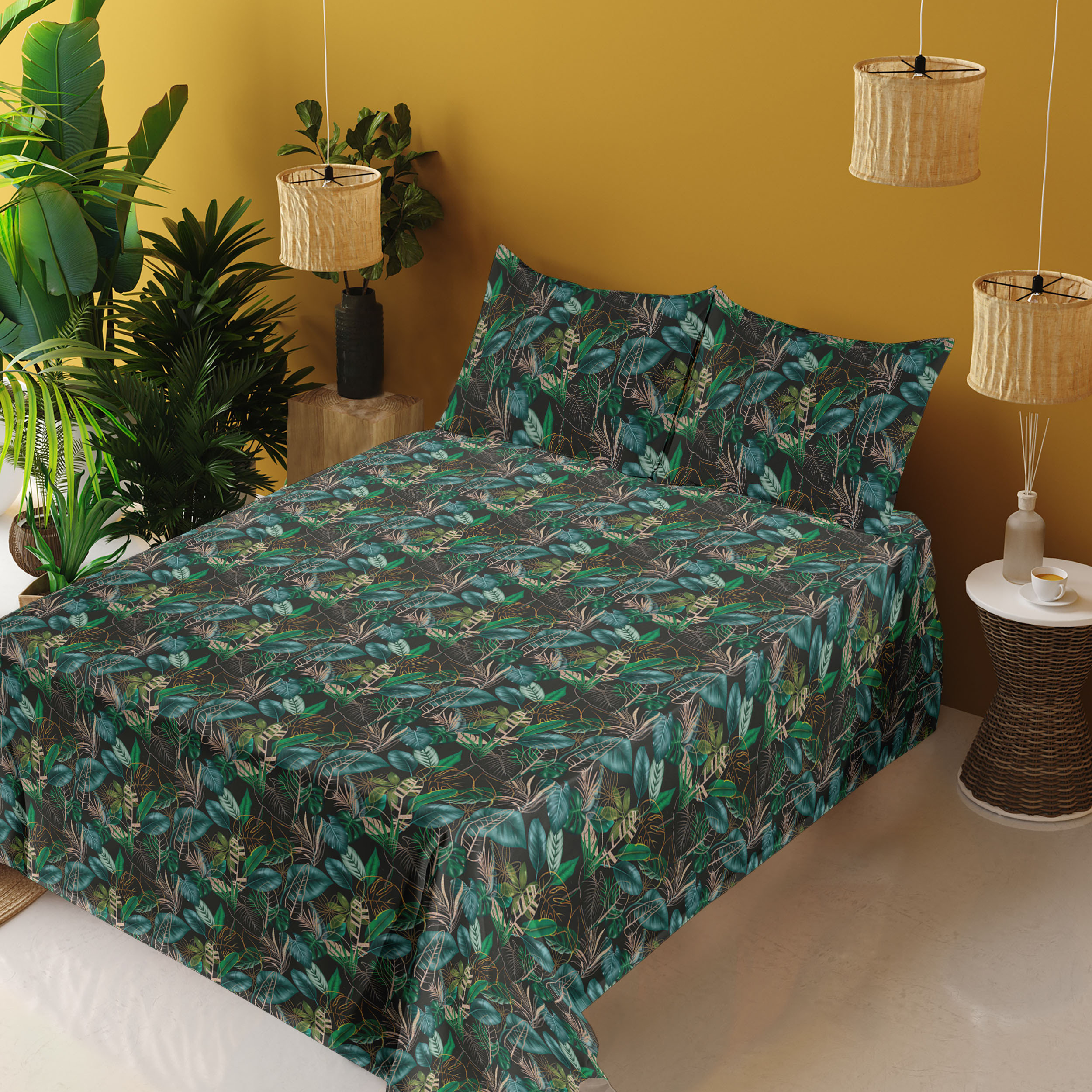 Ambesonne Botanical Sheet Set Wild Leaves Tropical Art Green Teal and ...