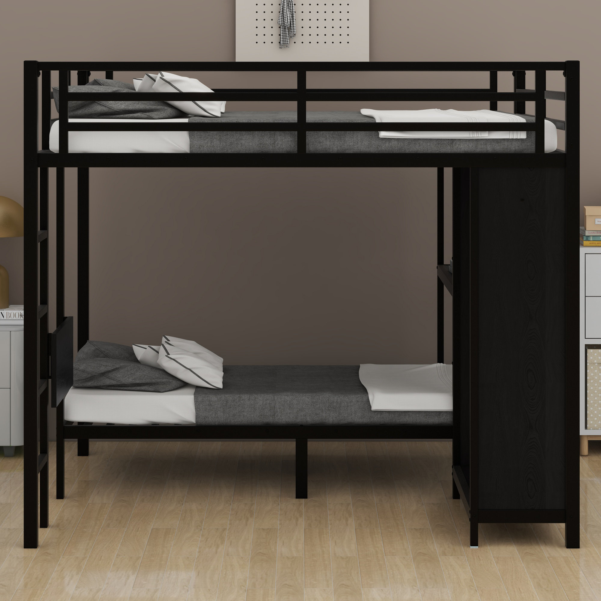 Harriet Bee Bunk Bed Frame With Built-In Wardrobe And Foldable Desk ...