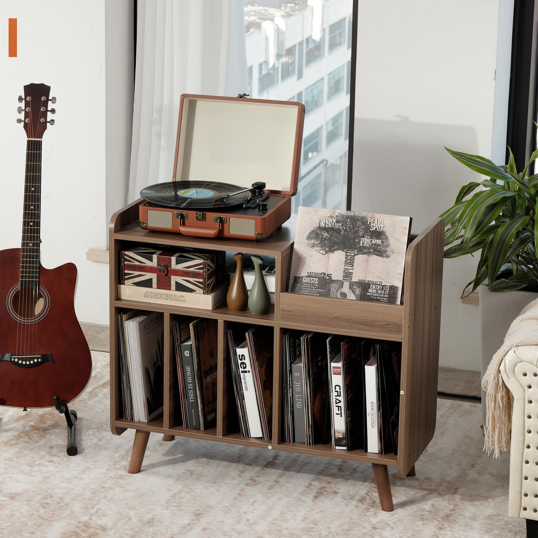 George Oliver Mid-Century Wood Record Player Stand - Vinyl Storage ...