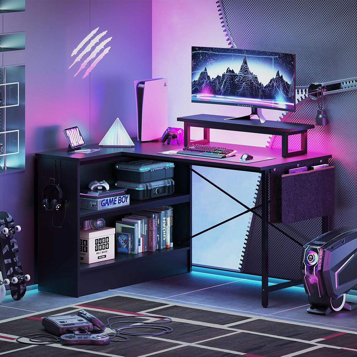 Latitude Run® L Shaped Gaming Desk With LED Lights, 42 Inch Computer ...
