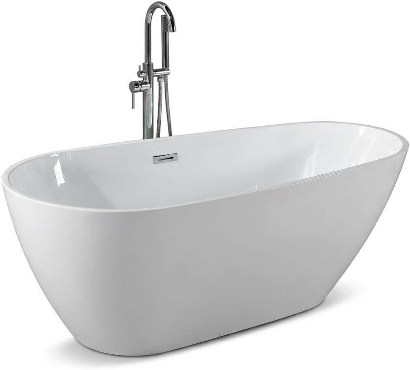 Yuan Home 67" Deep Soaking Bathtub, Non-Slip Acrylic Tub with Chrome ...