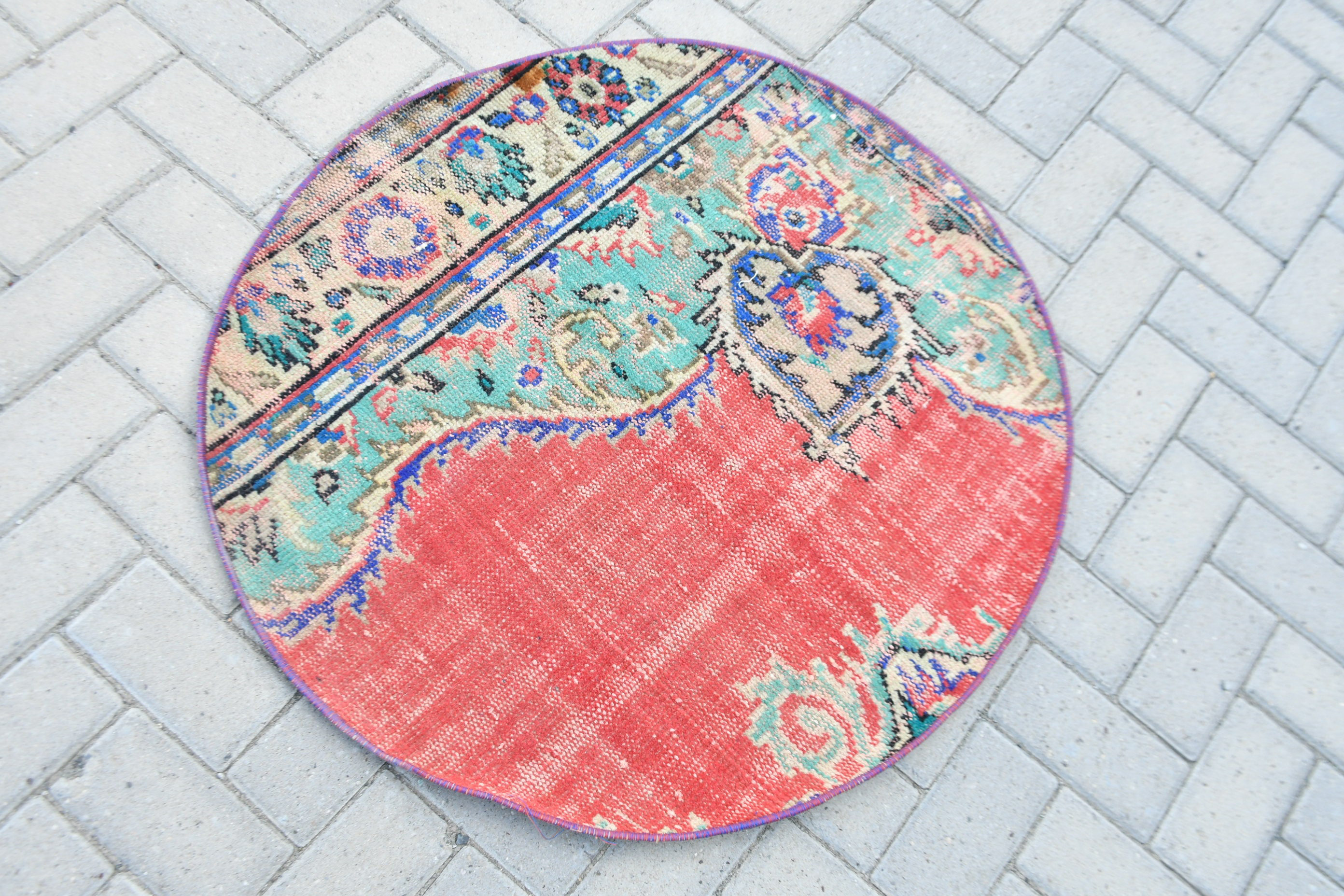 Bungalow Rose Handwoven Turkish Antique Vintage Small Red Round Rug for ...