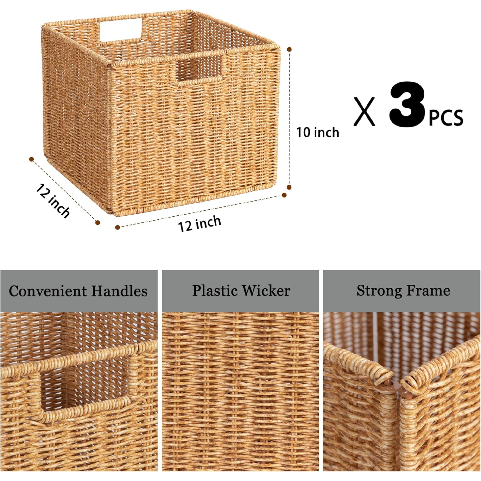 Gracie Oaks Wicker Storage Basket Set Of 3, Large Cube Basket, Foldable ...