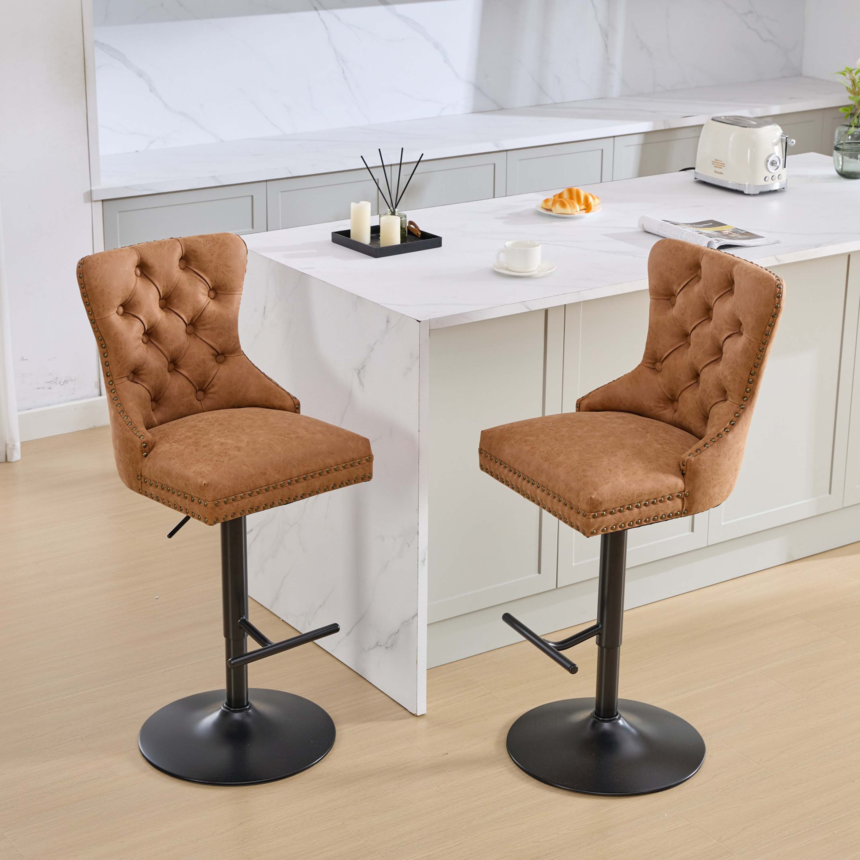 Latitude Run® Retro PU Swivel Bar Stools (Set of 2) | Adjustable Height ...