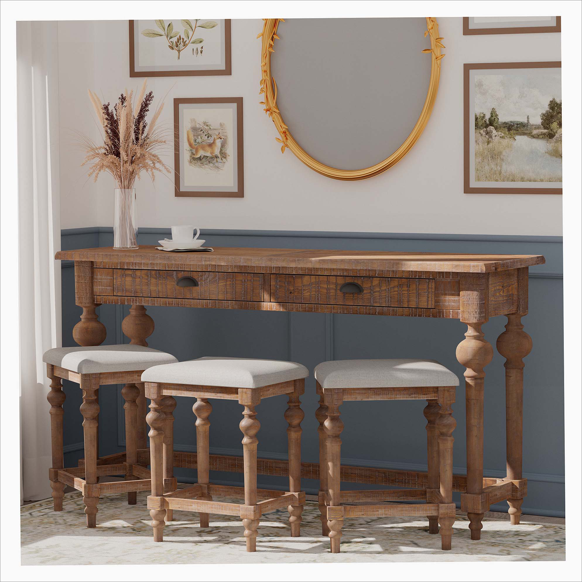 Canora Grey Wallace & Bay Ludin Brown Console Table With 3 Stools | Wayfair