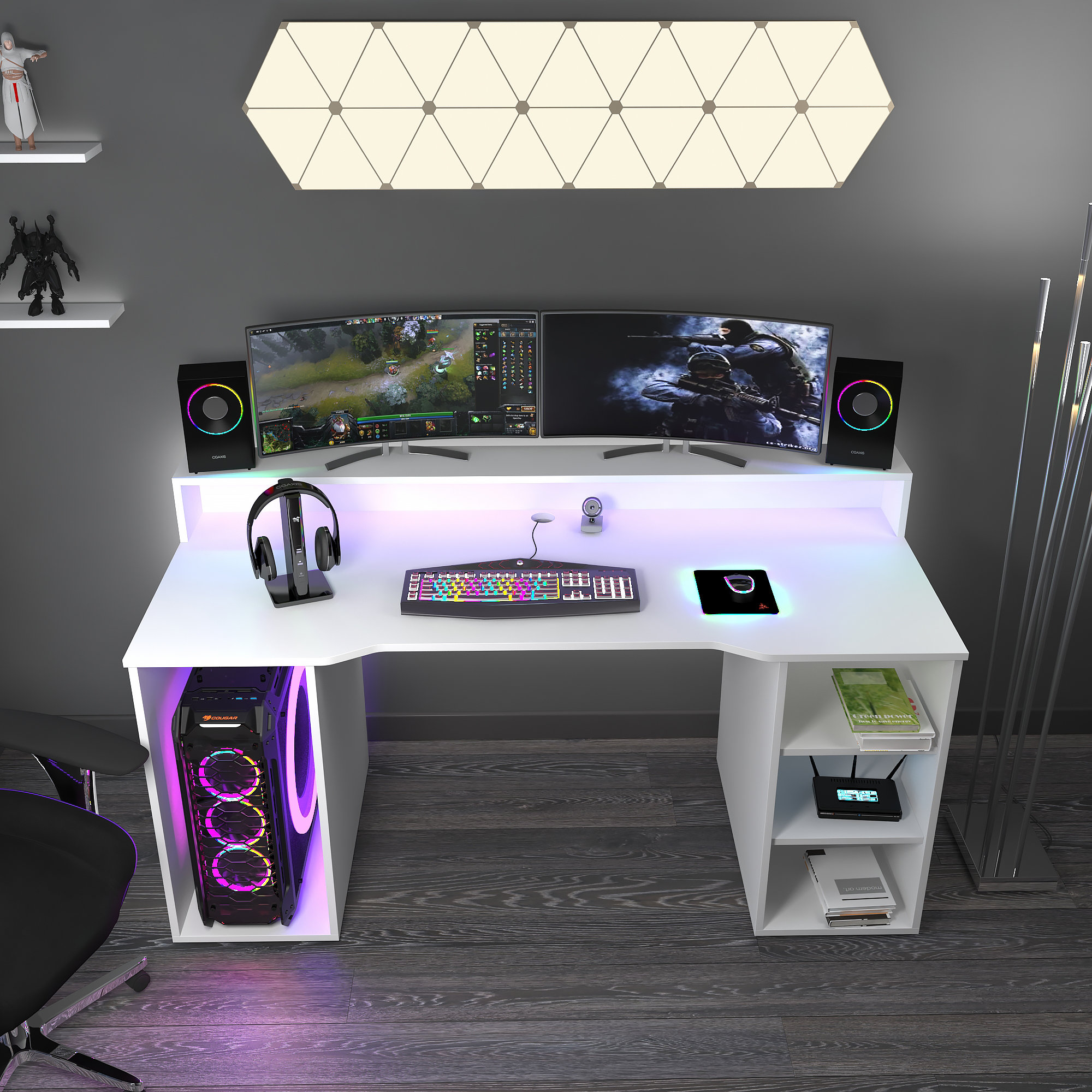 Inbox Zero Palomino Gamer Reversible Gaming Desk with Built in Outlets ...