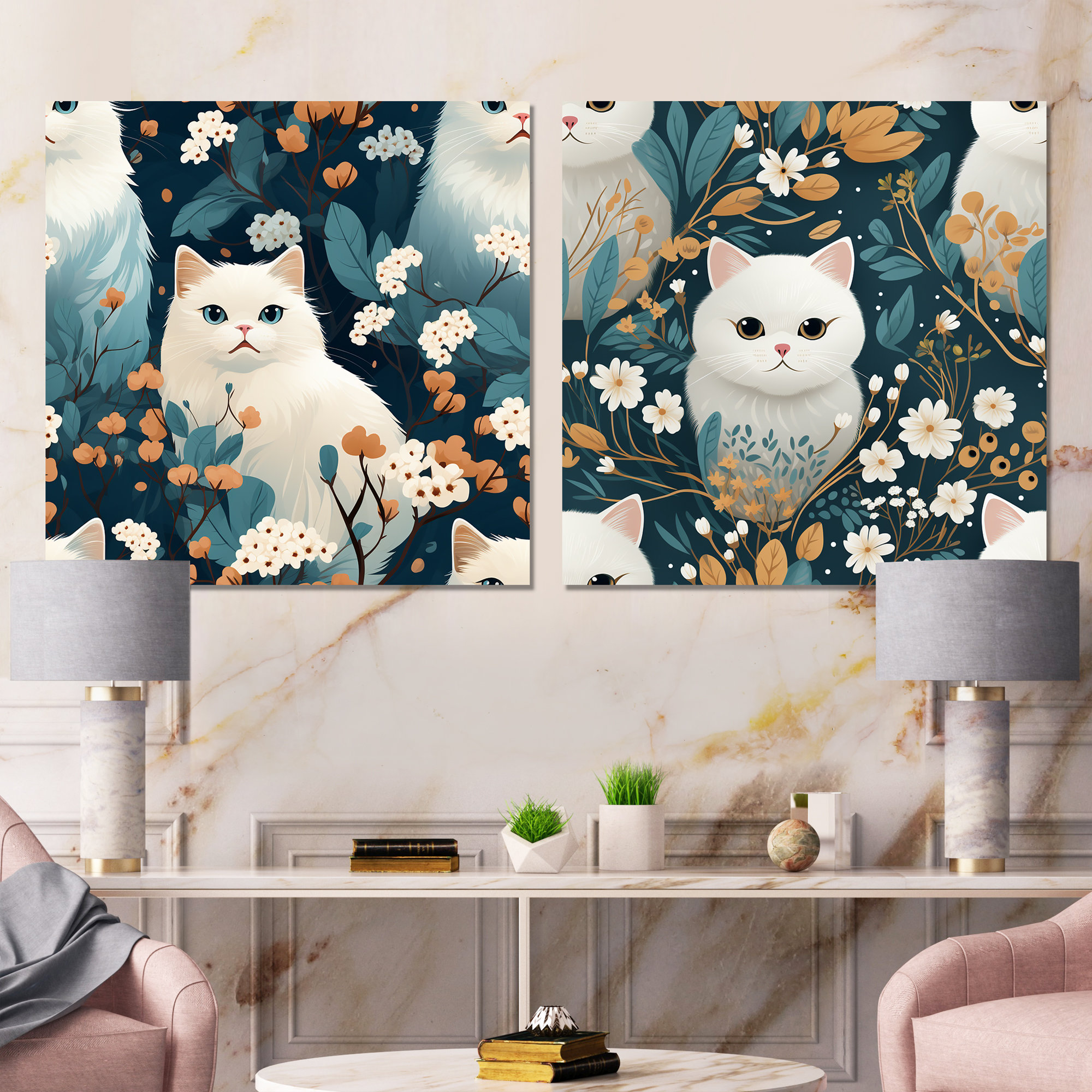 Winston Porter Blossoms Teal And White Cat Pattern For Kid II - Cats ...