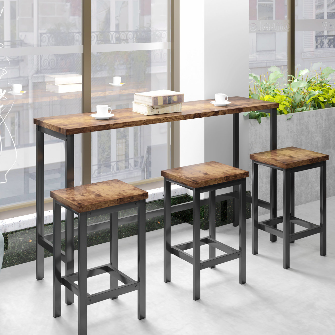 17 Stories Counter Height Extra Long Dining Table Set with 3 Stools ...