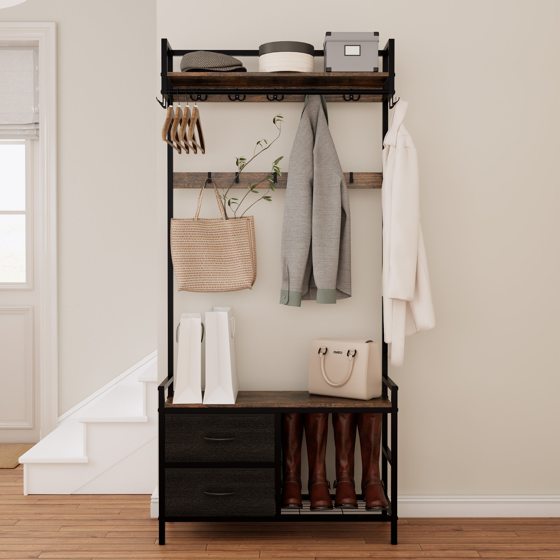 17 Stories 5-In-1 Hall Tree With Bench & 2 Movable Drawers, Coat Rack ...