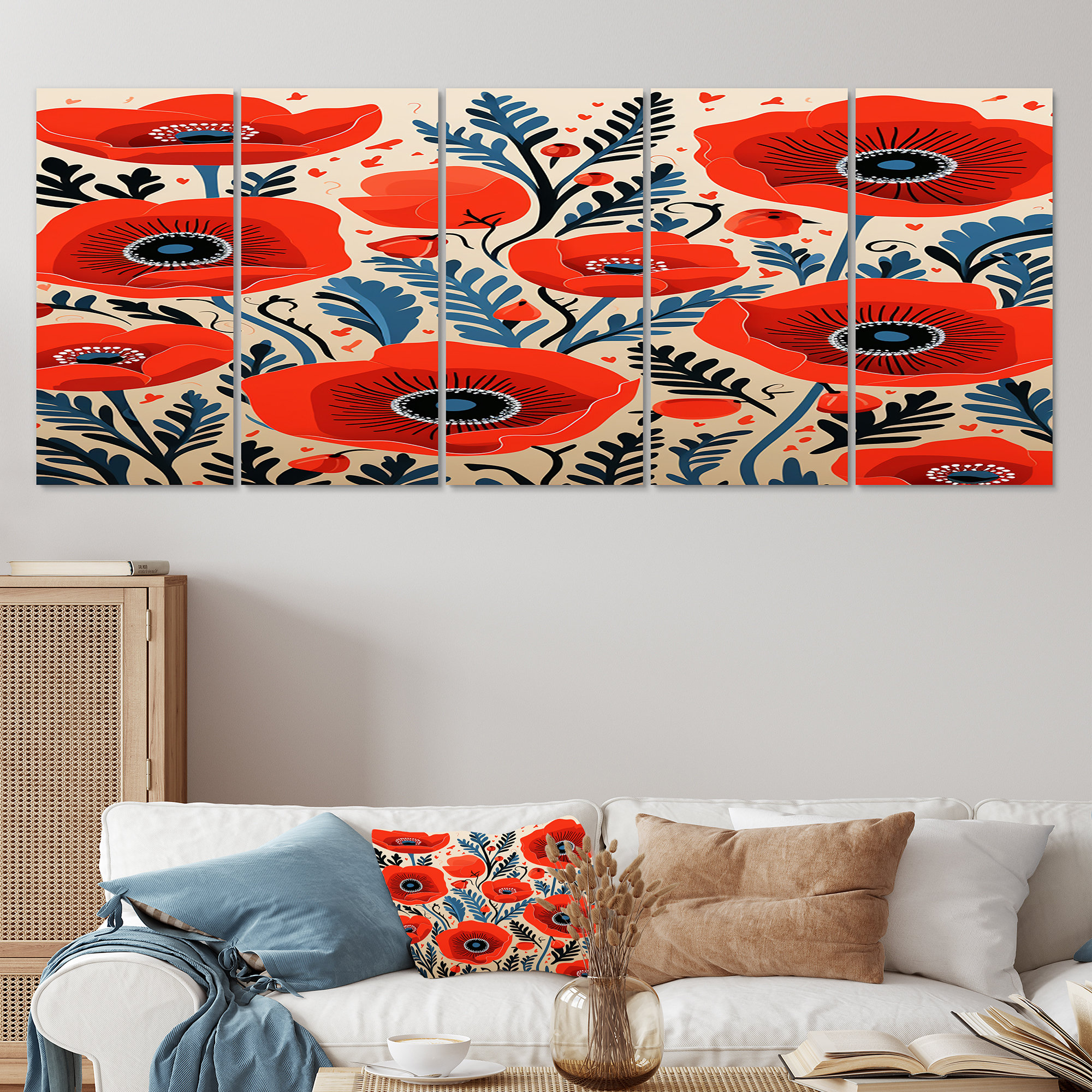 Design Art Blooming Poppies Retro Illustration - Poppy Wall Art Canvas ...
