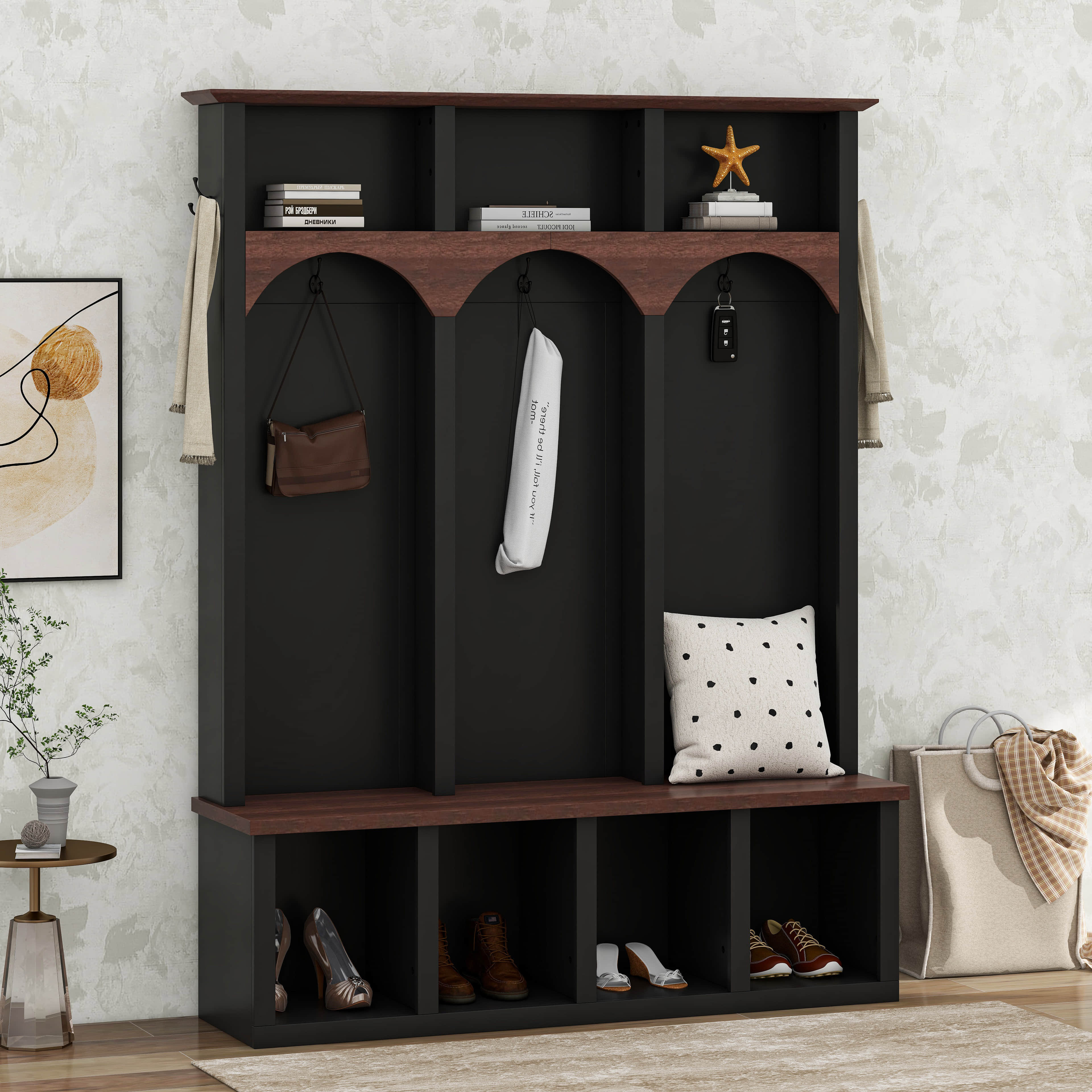 Cosmic Farmhouse Wooden Style Hall Tree With Arched Design, 5 Black ...