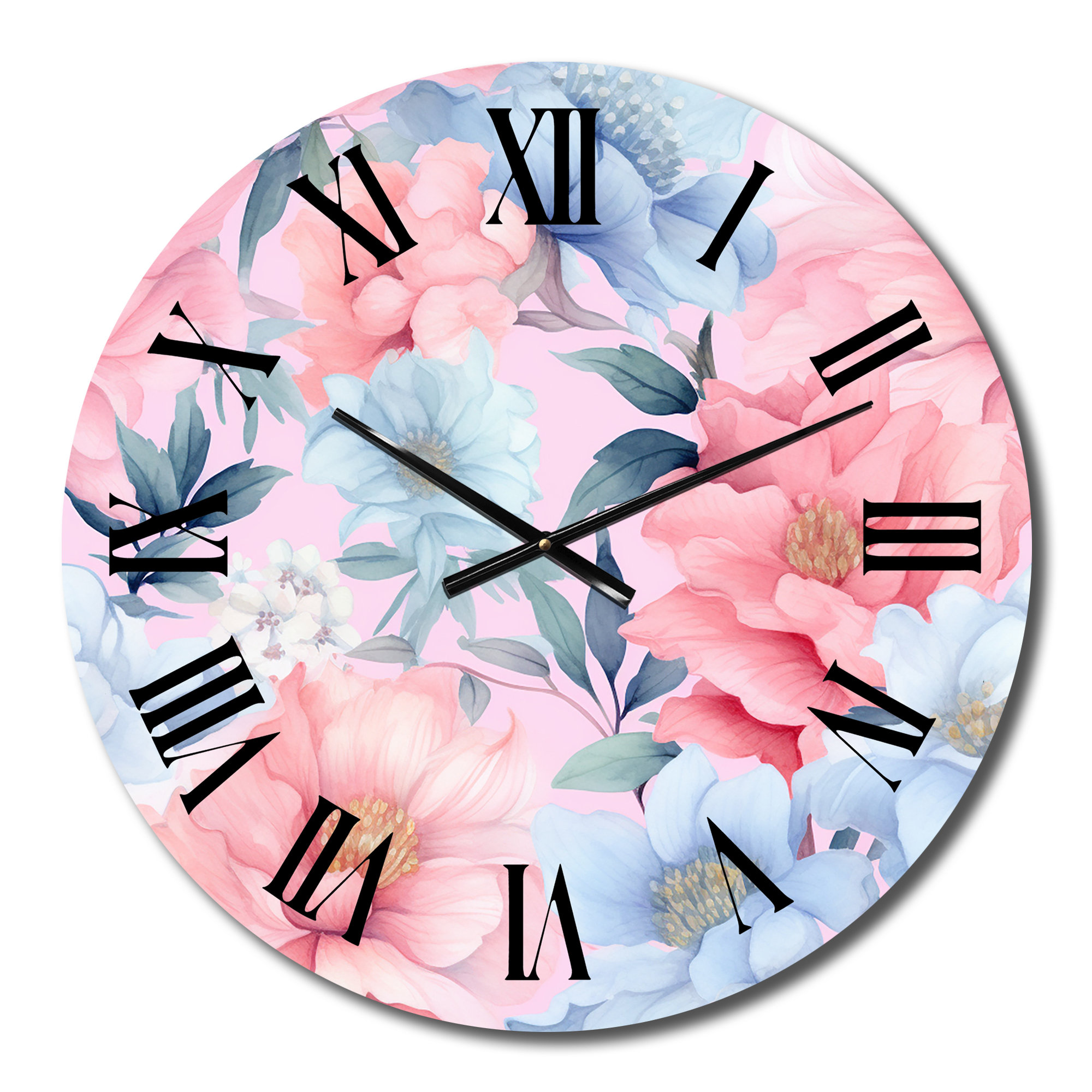 Design Art Pink And Blue Petunia On White I - Flowers Wall Clock ...