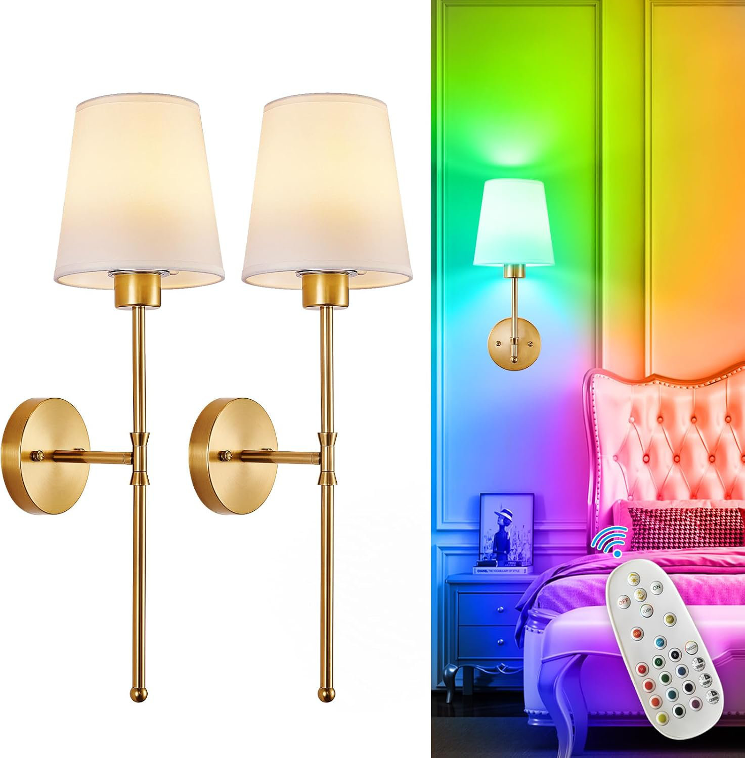 Lightnia Rechargeable Remote-Control Wall Sconces (2-Pack) — 3-Color Temp + RGB, Wireless, ETL ...